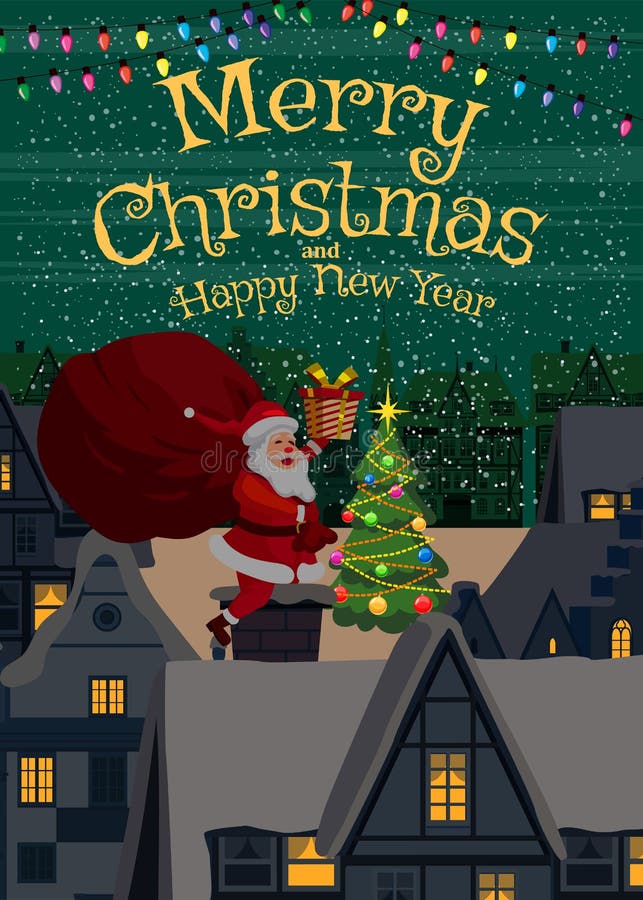 Merry Christmas Poster, Santa Claus on the Roof Delivering Gifts by ... Merry Christmas Poster, Santa Claus on the Roof Delivering Gifts by ...
