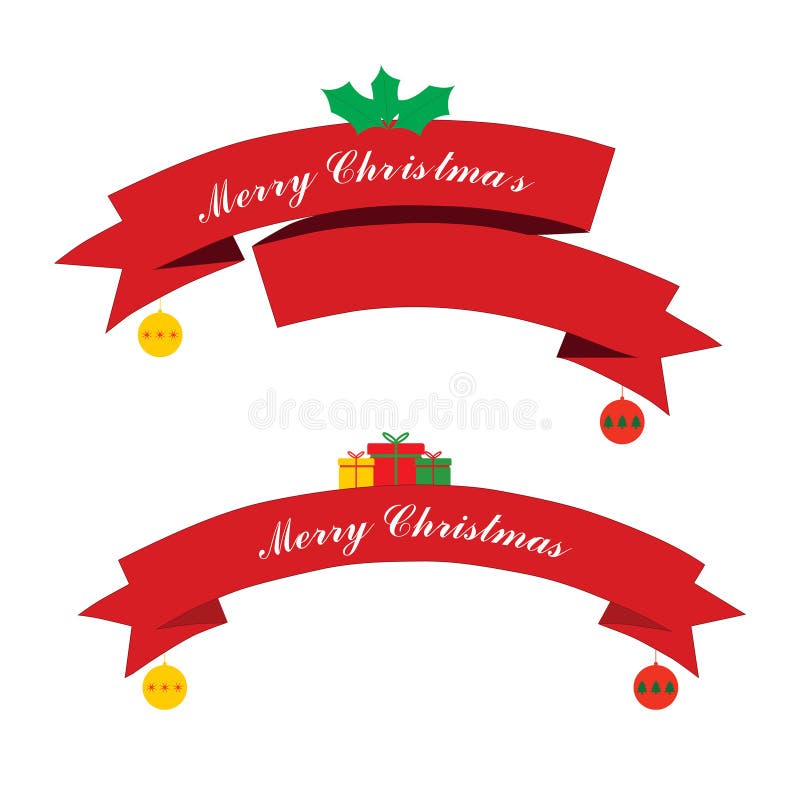 Merry Christmas Ribbons with Christmas Ornaments on a White Background ...