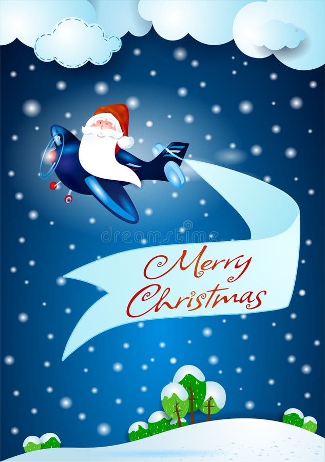 Merry Christmas with Santa, Airplane and Banner. Stock Vector ...