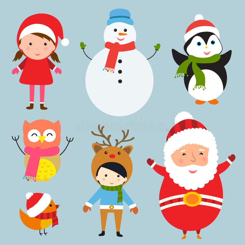 Merry Christmas! Set of Cute Cartoon Christmas Characters Stock Vector ...