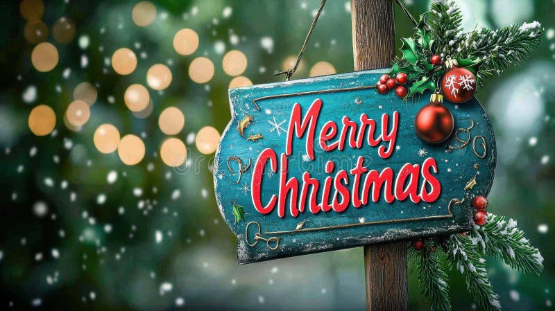 Merry Christmas Sign with Festive Decorations and Bokeh Lights Stock ...