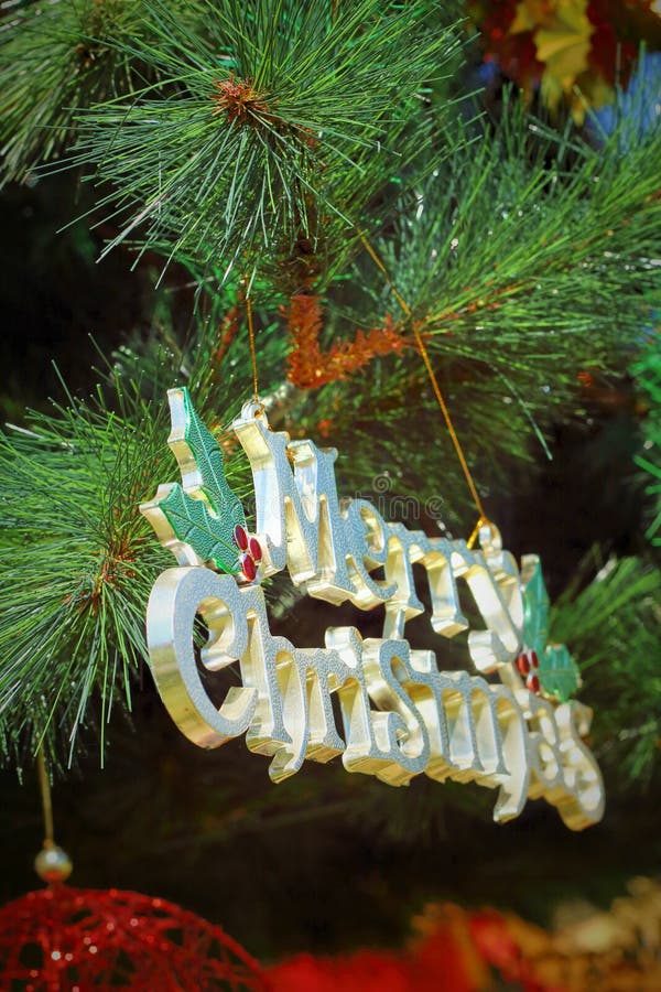 Merry Christmas Sign Hanging on the Christmas Tree. Stock Image - Image ...