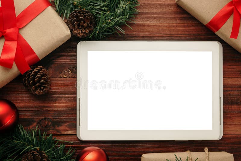 Merry Christmas Tablet Computer Mockup Template with Pine Leaves ...