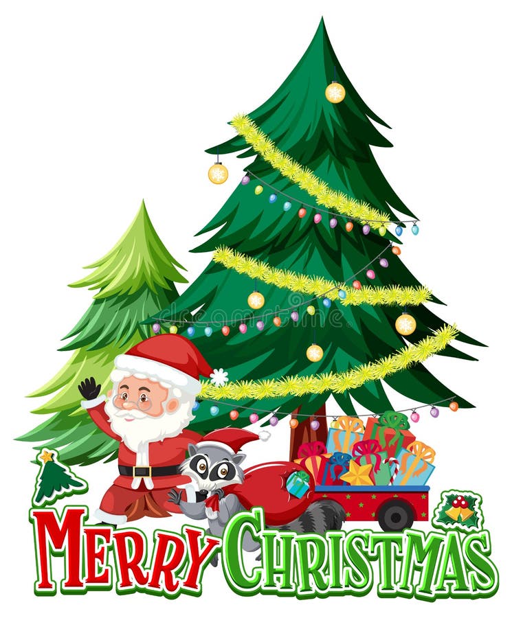 Merry Christmas Text Logo with Snowman and Christmas Tree Stock Vector ...