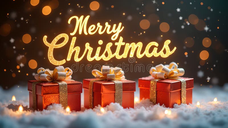 Merry Christmas Text with Red Gift Boxes in Snow. Holiday Concept Stock ...