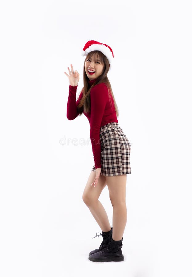 Merry Christmas Theme Young Asian Woman Wearing Santa Hat Looking