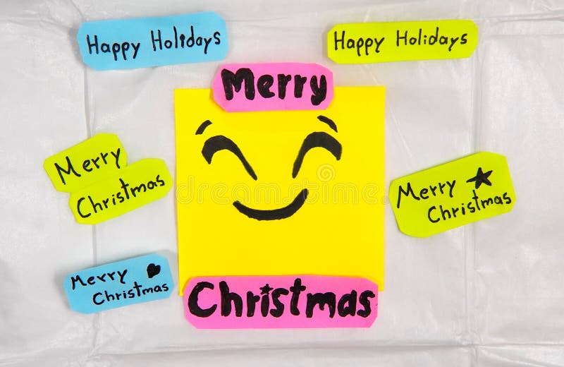 Merry Christmas! Write on Sticky Notes with Happy Face Stock Photo ...