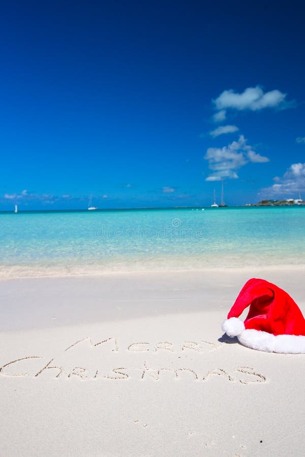 Merry Christmas Written on Tropical Beach White Stock Photo - Image of ...