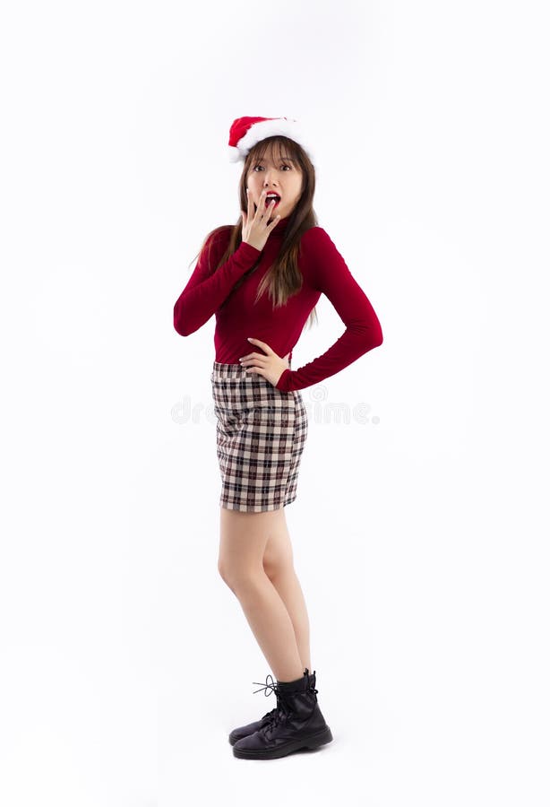 Merry Christmas Young Asian Woman Long Hair Style In Red Long Sleeve T