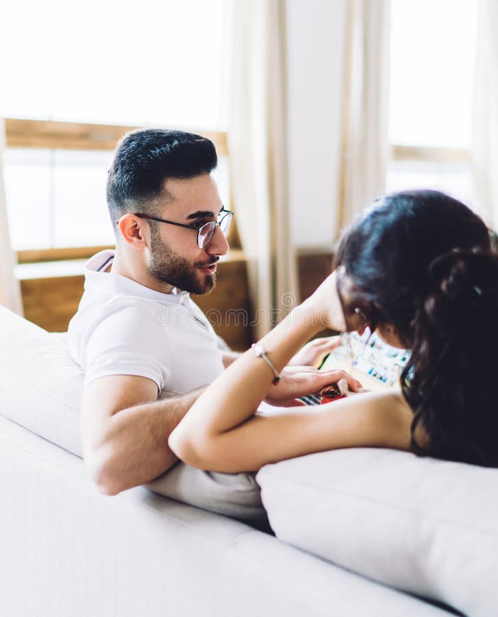 Merry Couple Chatting and Chilling at Home Stock Photo - Image of ...