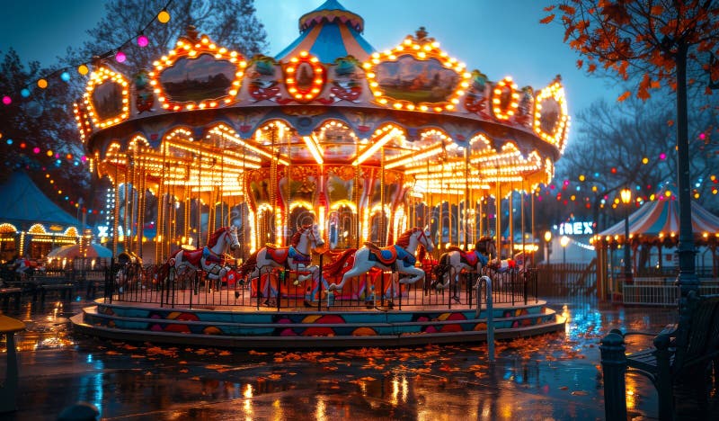 A Merry-go-round with Horses and Lights Stock Image - Image of horse ...