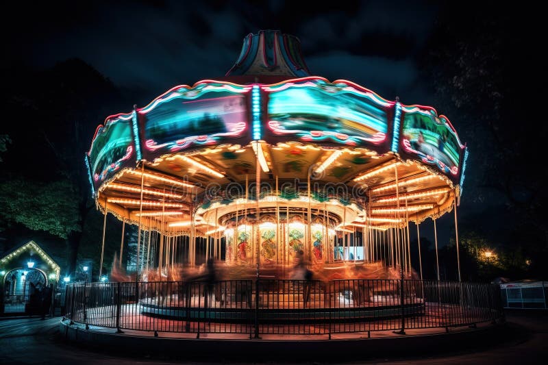 A Merry Go Round at Night with Lights on it S Sides Stock Illustration ...