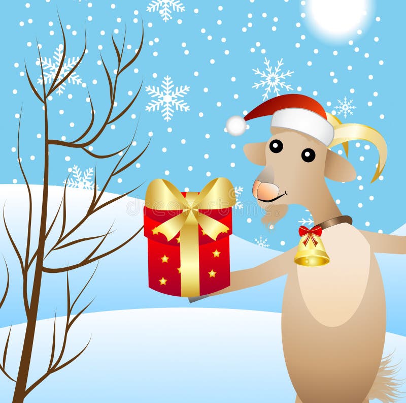 Merry goat with a gift stock vector. Illustration of vector - 46419939