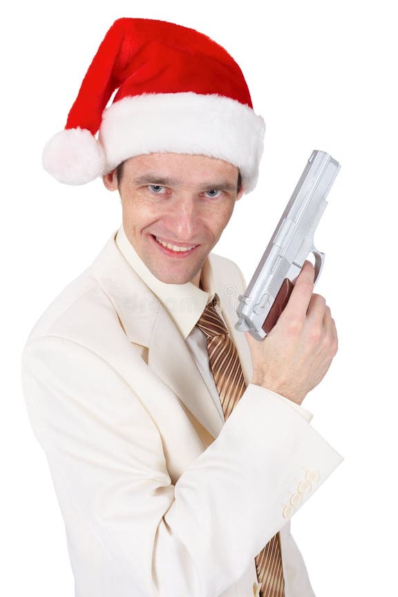 Merry Guy in Christmas Hat with a Gun Stock Image - Image of caucasian ...