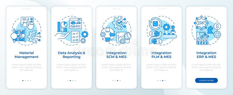 MES Integration Blue Onboarding Mobile App Screen Stock Vector ...