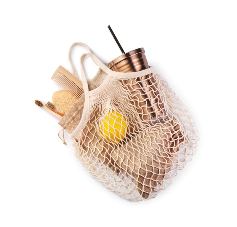 Mesh Bag with Different Items Isolated on White, Top View. Conscious ...