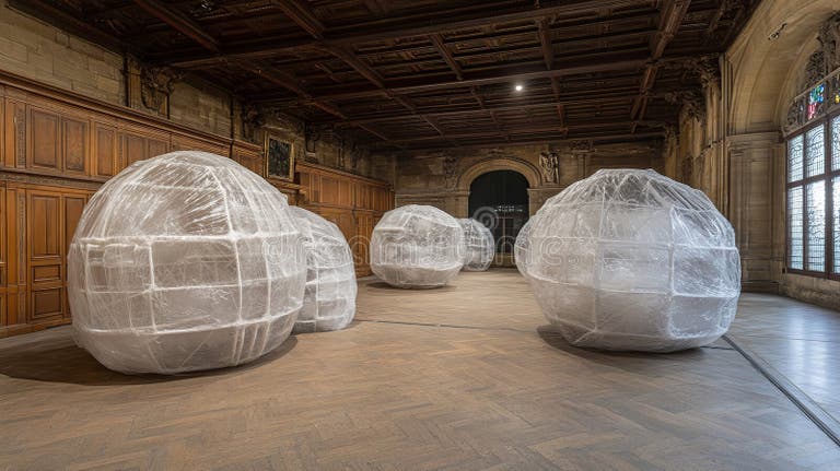 Mesh-covered Spheres in Historic Hall Installation Stock Image - Image ...