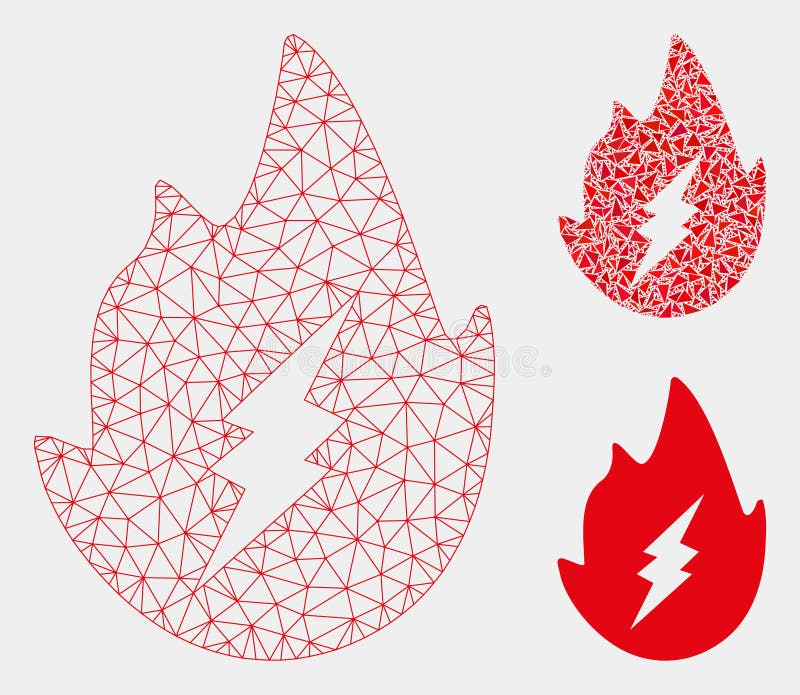 Electric Spark Flame Vector Mesh Network Model and Triangle Mosaic Icon ...
