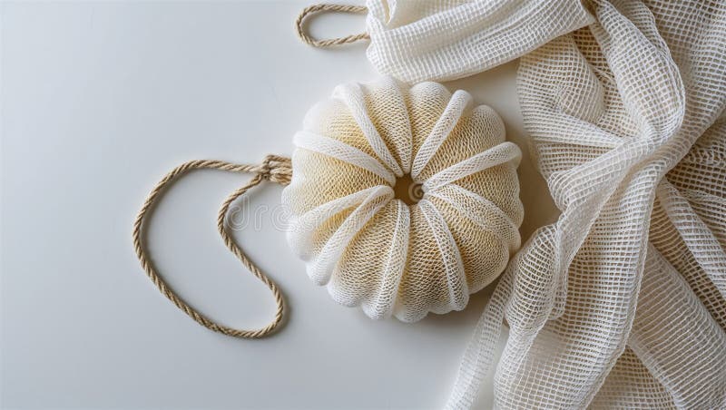 Mesh Loofah Round and Clean, Neutral Tone, Hanging String Tucked, Lying ...