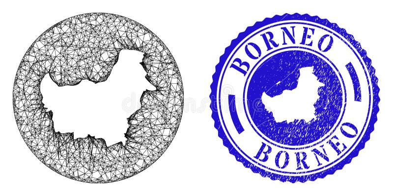 Mesh Net Stencil Borneo Map and Grunge Circle Stamp Stock Vector ...