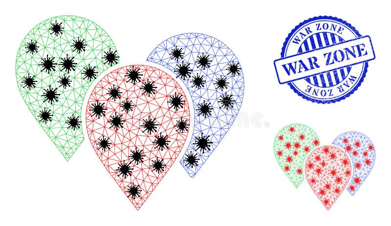 Wireframe Mesh Map Pointer Group Icons with Covid Elements and Textured ...