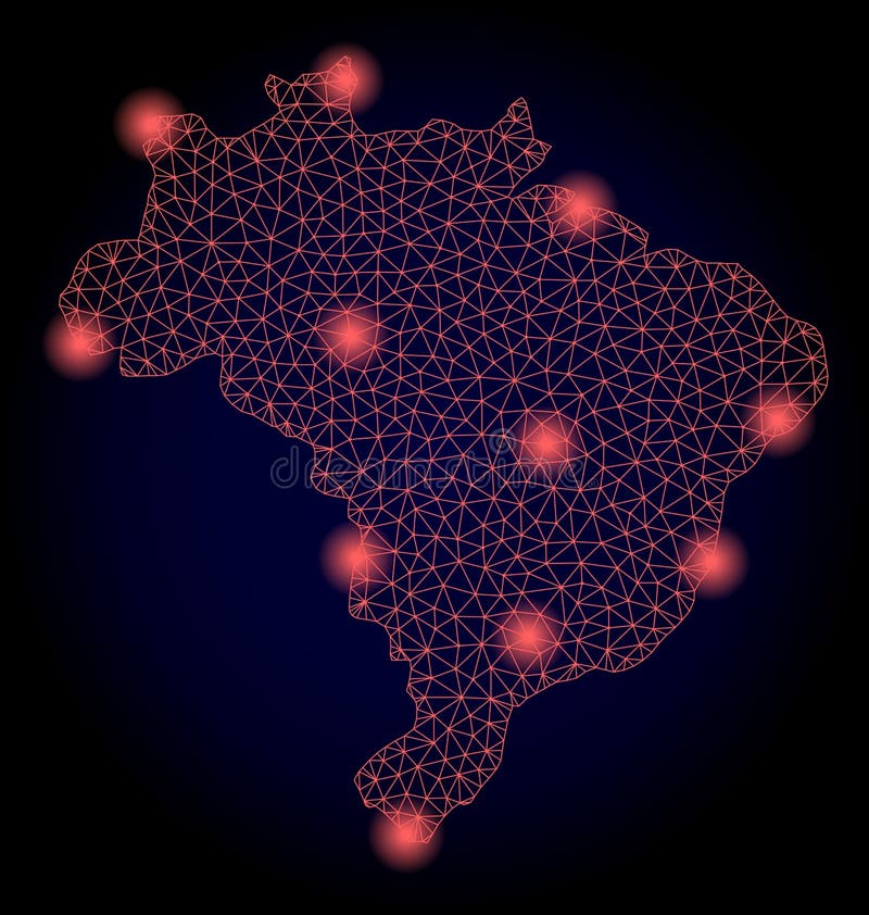 Polygonal 2D Mesh Map of Brazil with Red Light Spots Stock Illustration ...
