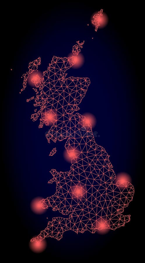 Polygonal 2D Mesh Map of Great Britain with Red Light Spots Stock ...