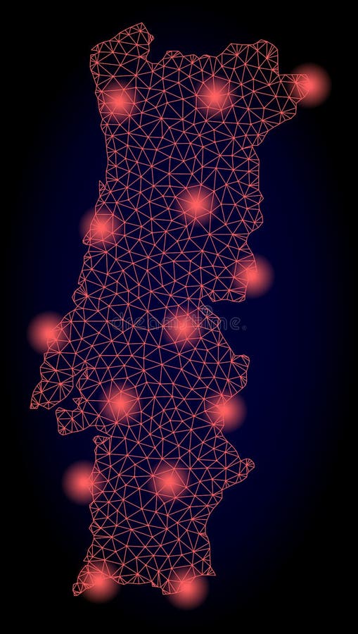 Polygonal Wire Frame Mesh Map of Portugal with Red Light Spots Stock ...