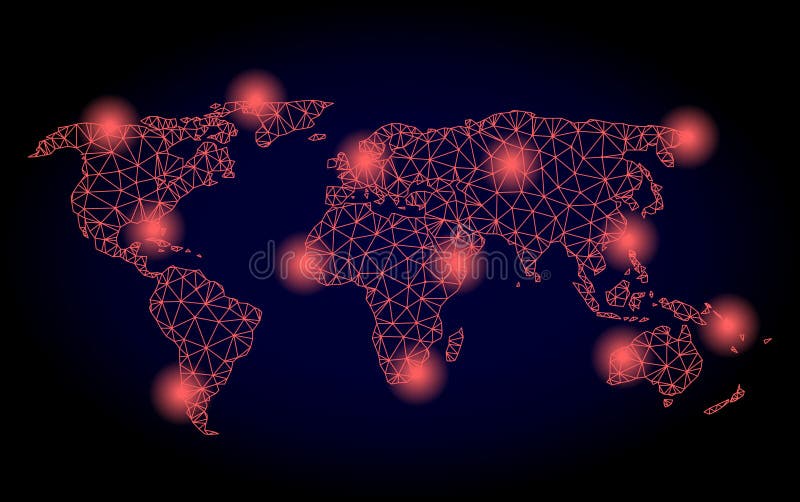 Polygonal Wire Frame Mesh Map of World with Red Light Spots Stock ...