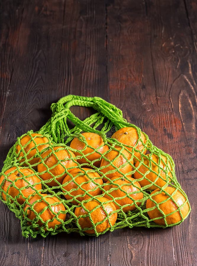 Mesh String Shopping Bag with Fresh Oranges from Supermarket on Brown ...