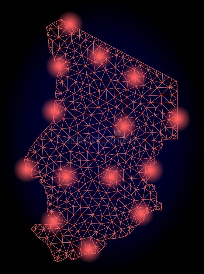 Polygonal Wire Frame Mesh Map of Chad with Red Light Spots Stock Vector ...