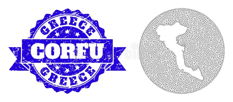 Network Mesh Circle Subtracted Map of Corfu Island with Scratched Stamp ...