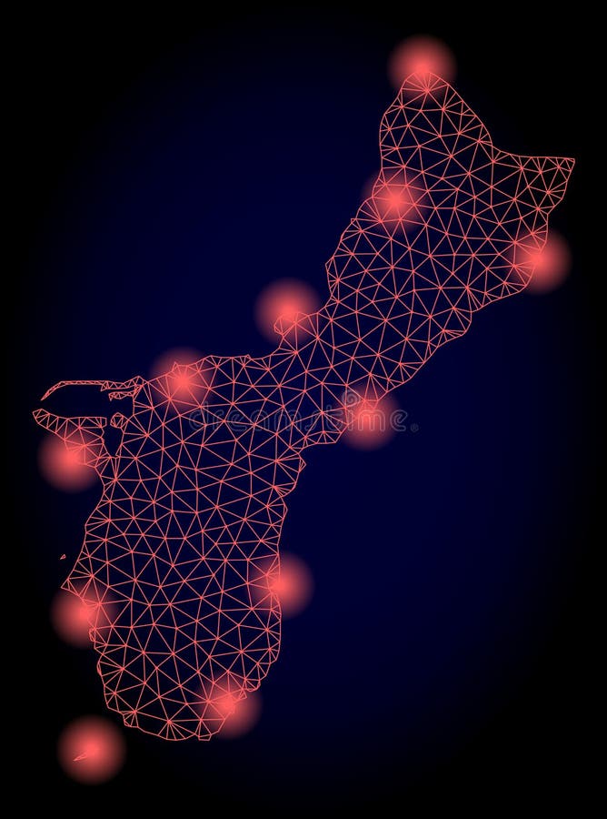Polygonal Wire Frame Mesh Map of Guam Island with Red Light Spots Stock ...