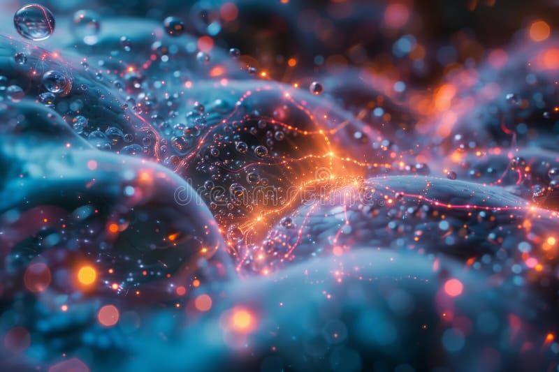 Abstract Liquid Surface with Glowing Particles and Water Droplets Stock ...