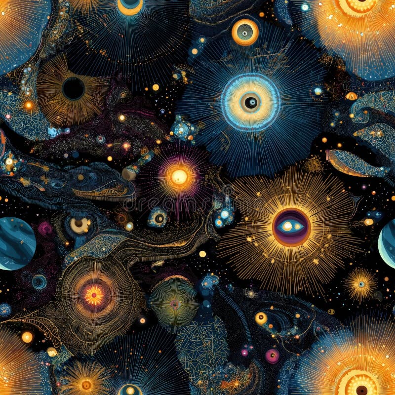 Abstract Cosmic Pattern with Bright Stars and Celestial Elements ...