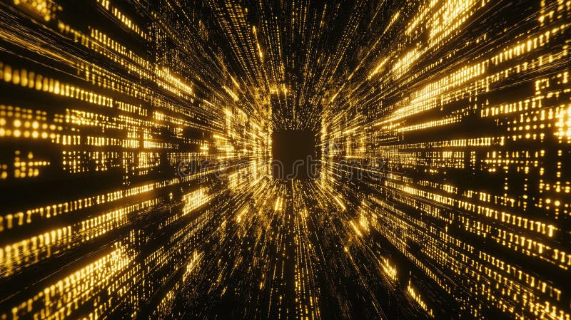 Abstract Digital Tunnel with Luminous Golden Data Streams Creating an ...