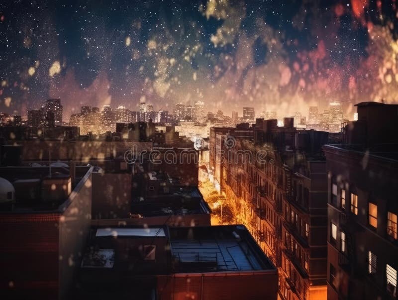 Abstract Cityscape Overlaid with Starry Night Sky Stock Illustration ...