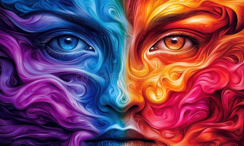 A Mesmerizing Abstract Face is Divided into Vibrant Cool and Warm Color ...
