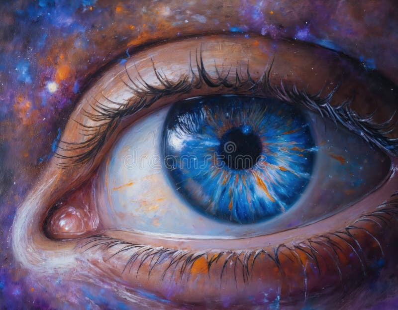 Mesmerizing Aerial View of Human Eye Reflecting Cosmic Galaxy. Blue ...