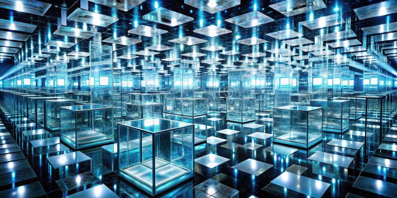 A Mesmerizing Array of Illuminated Glass Cubes within a Mirrored Hall, Creating an Infinite ...