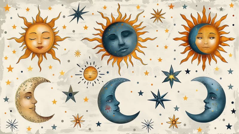 Celestial Dance of Sun and Moon in Vibrant Artistic Display Stock ...