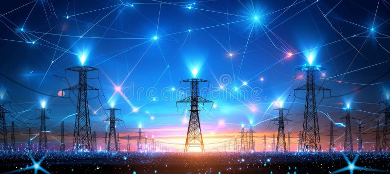Mesmerizing Blue Glow of Electricity Transmission Lines in Dark Night ...