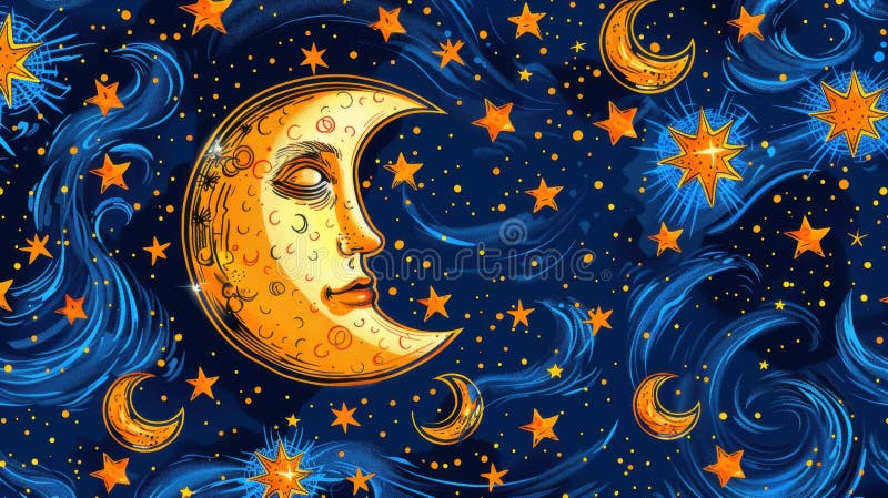 Mesmerizing Celestial Dreamscape with Golden Moon and Stars Stock Photo ...