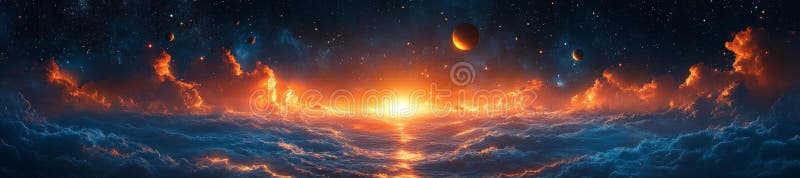 A Majestic Celestial Sunset Over a Cosmic Ocean with Planets Stock ...
