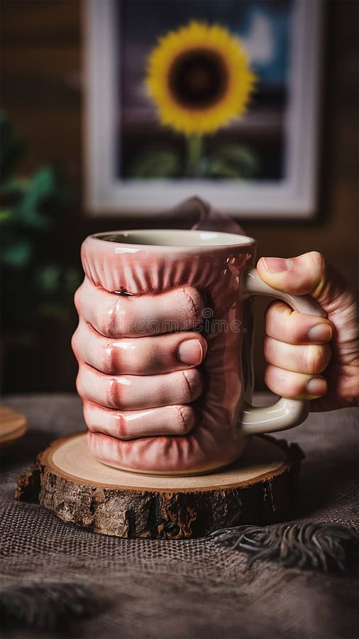 A Mesmerizing Ceramic Mug with a Unique Design, Depicting a Human Hand ...