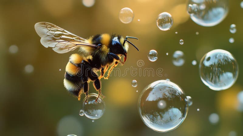 Bumblebee in Mid-flight with Glowing Bubbles Around Stock Photo - Image ...