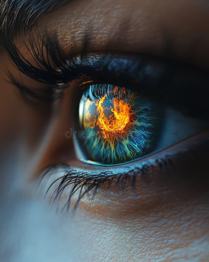 Blue-Green Fiery Eye with Flames in Iris Stock Illustration ...