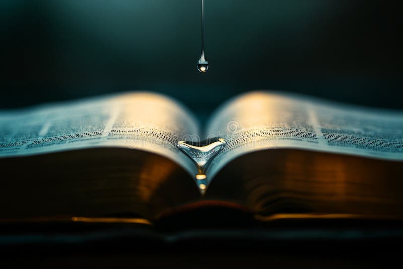 Close-Up of Droplet Falling on Open Book with Text in Soft Light ...