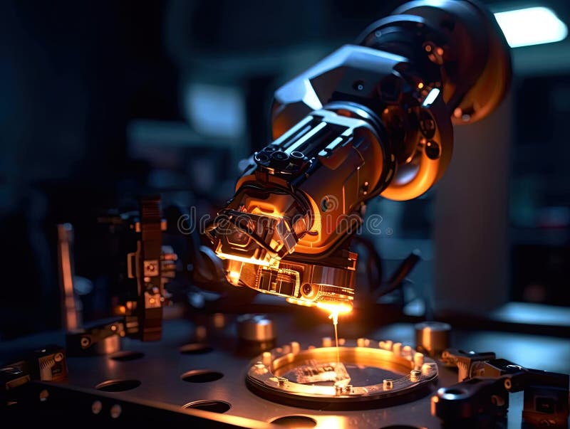 Glowing Robotic Arm Assembling Intricate Mechanical Device Stock ...
