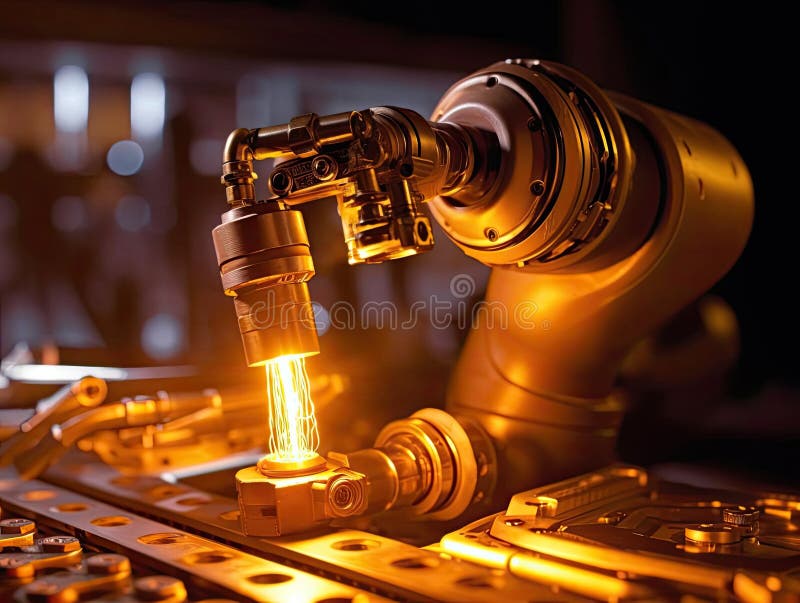 Glowing Robotic Arm Assembling Intricate Mechanical Device Stock ...